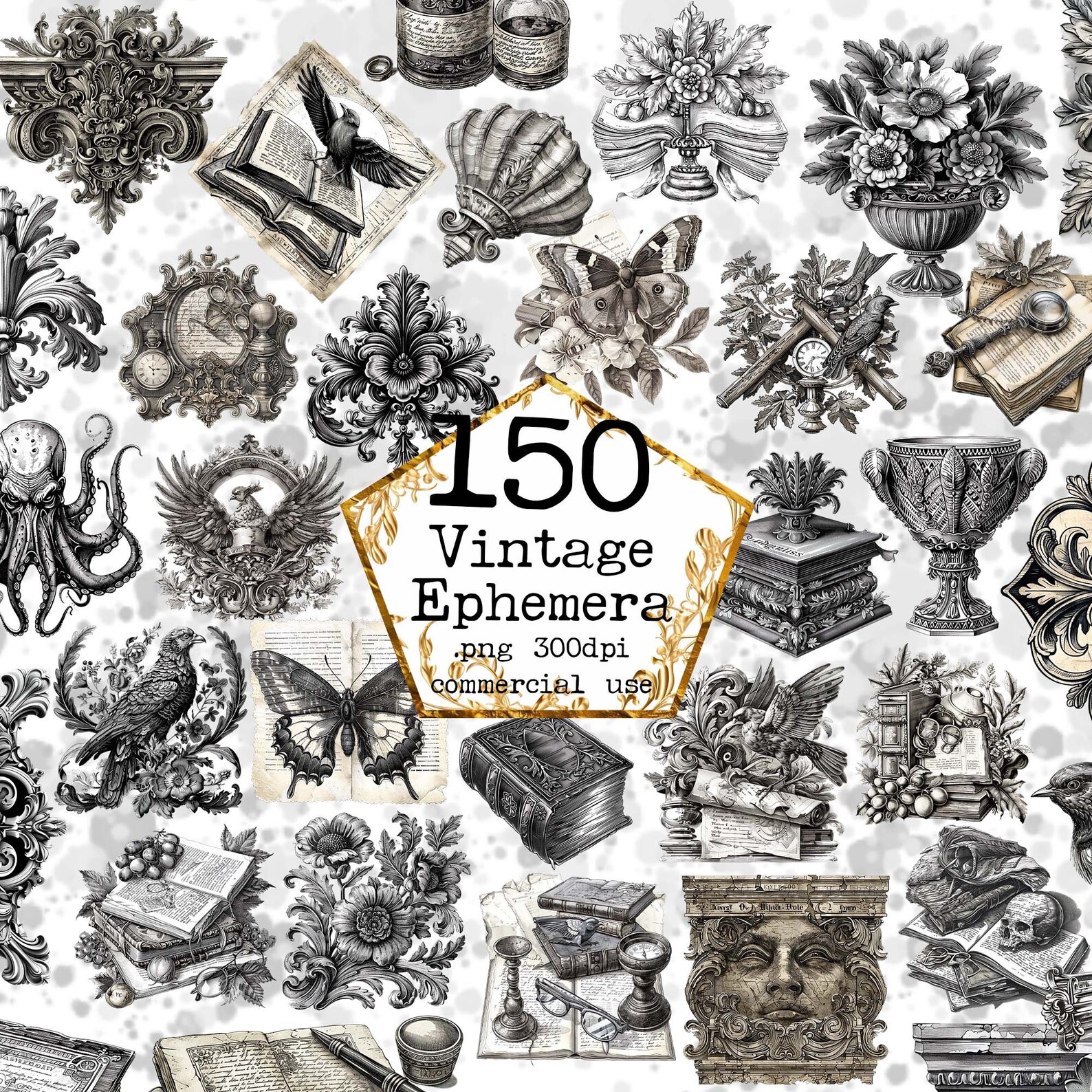 PNG BIG Vintage Ephemera Clipart Bundle Monochromatic Clipart ...