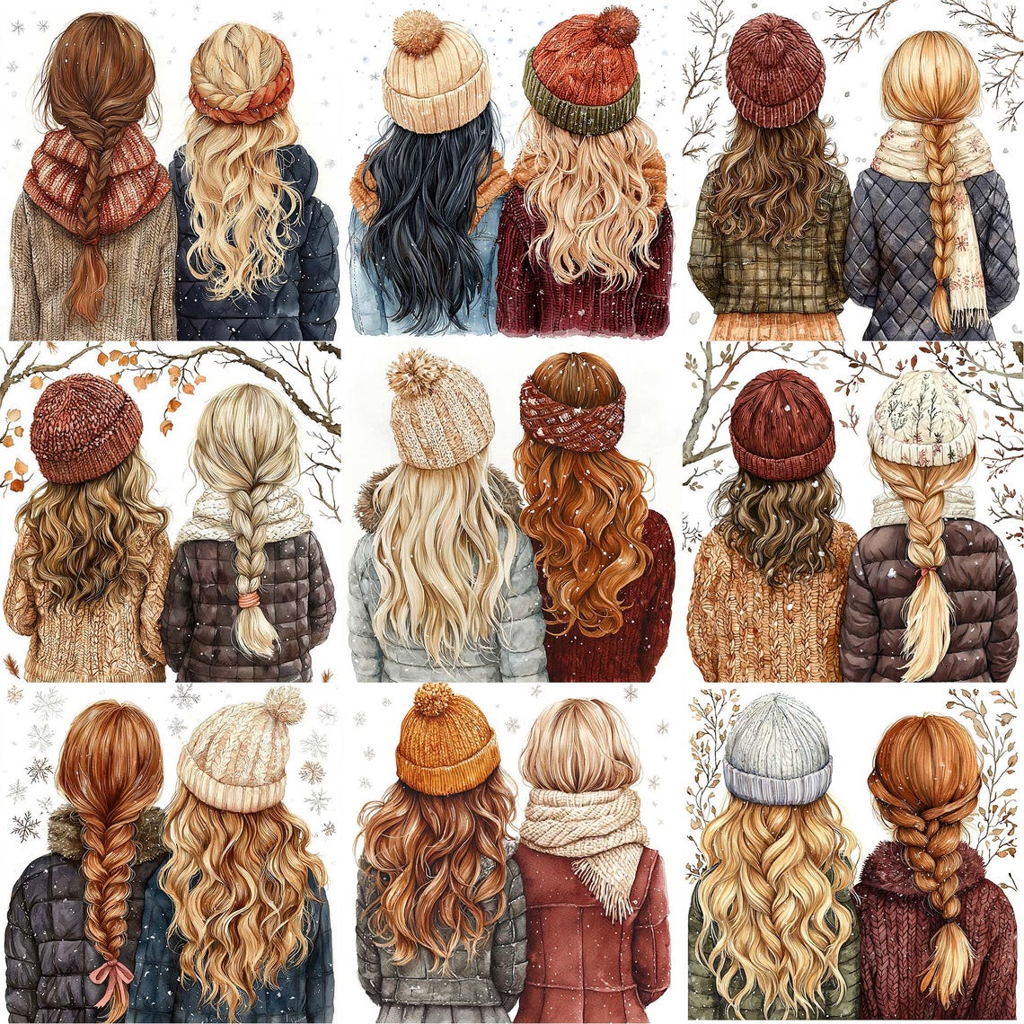 JPEG Watercolor Winter Girls Best Friends Clipart Bundle Besties ...