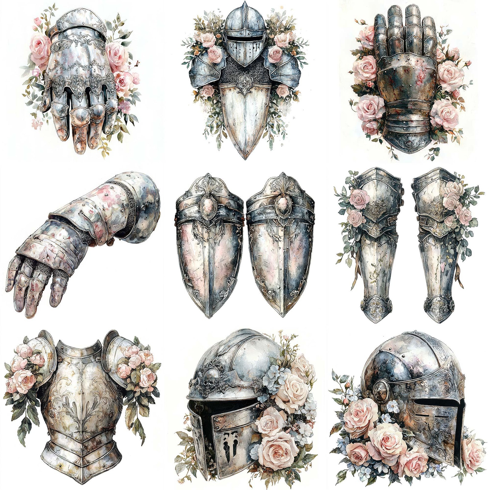 JPEG Watercolor Floral Knights Armor Clipart Bundle Medieval Knight ...