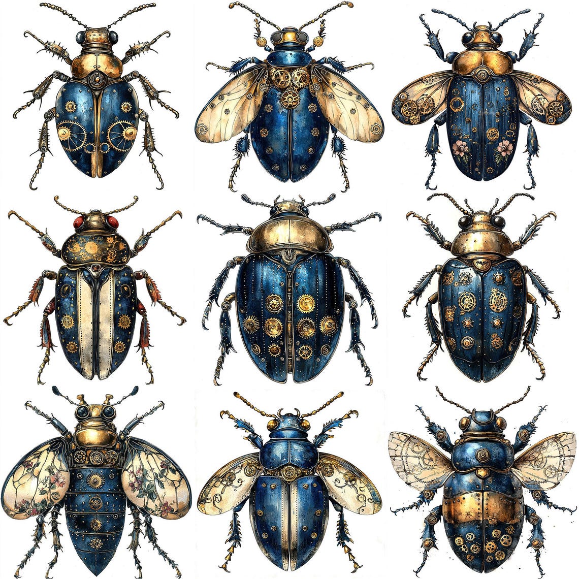 JPEG + PNG Watercolor Steampunk Beetle Clipart Bundle Steampunk Bug ...