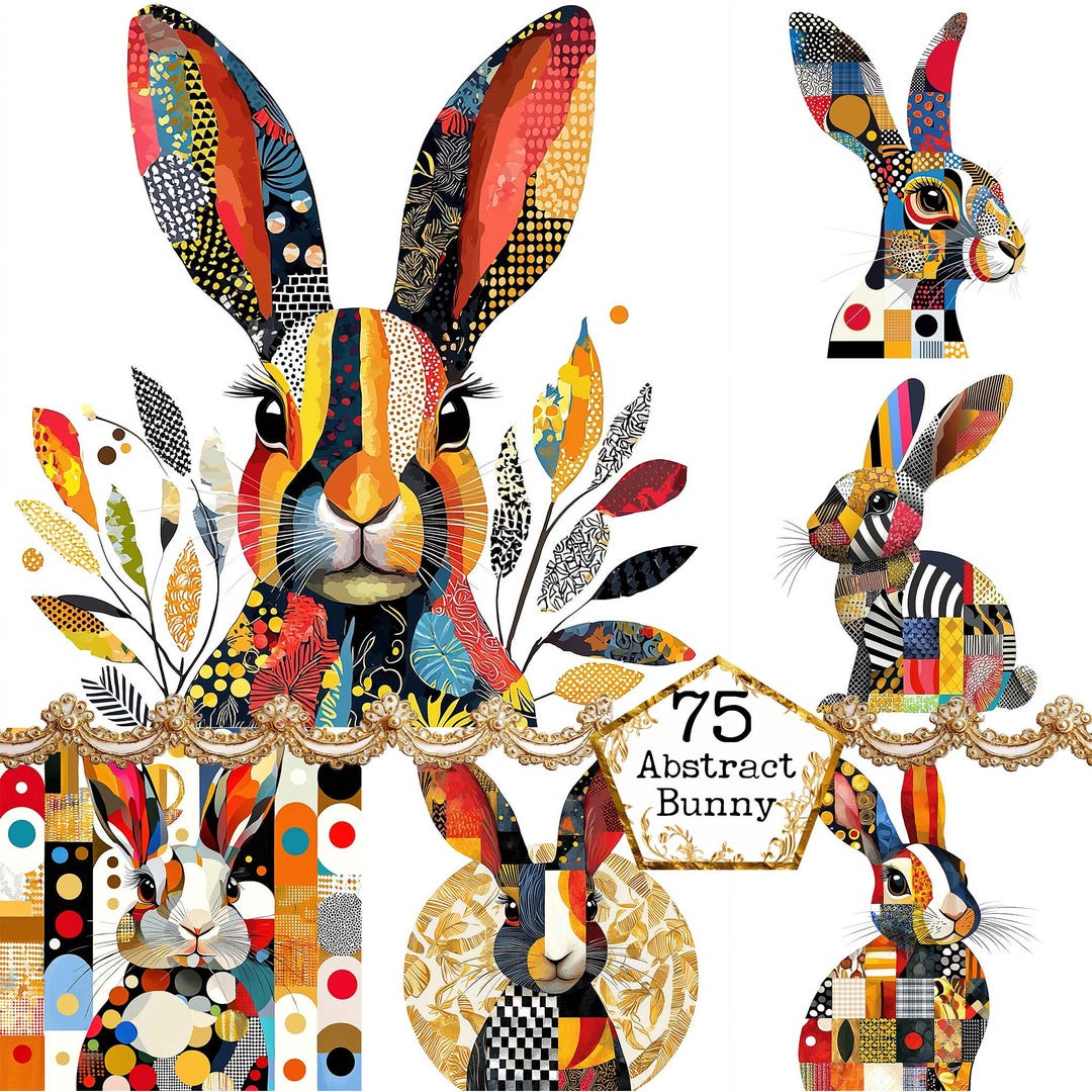 JPG Abstract Bunny Clipart Bundle Patchwork Rabbit Clipart Easter ...