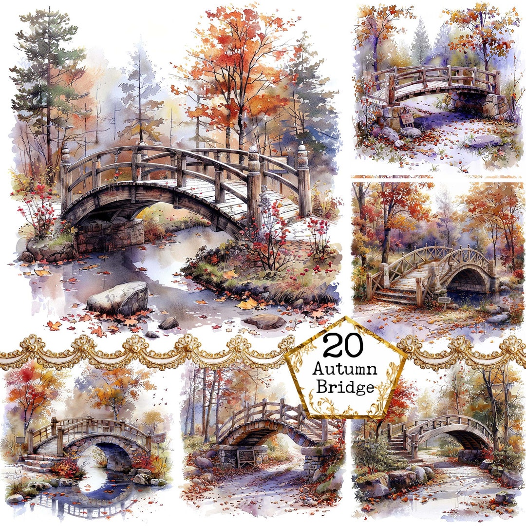 Watercolor Autumn Bridge Clipart Bundle JPEG Landscape Scenery Autumn ...