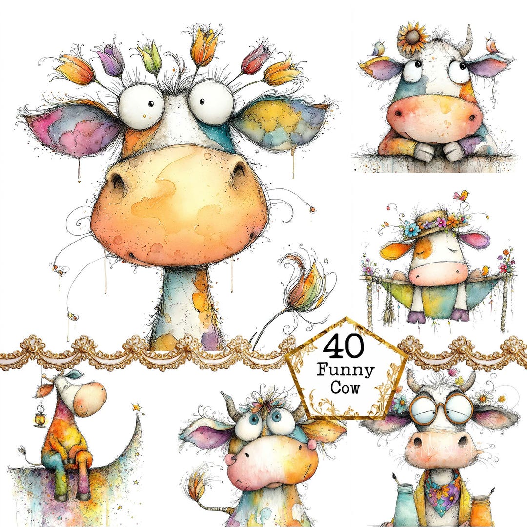 Quirky Cows - Funny Watercolor Clipart Bundle JPEG Instant Download ...