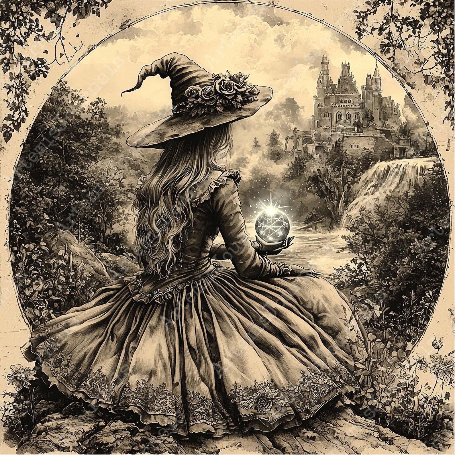 JPEG Vintage Witchy Backgrounds Lithograph Papers Monochromatic Witch ...