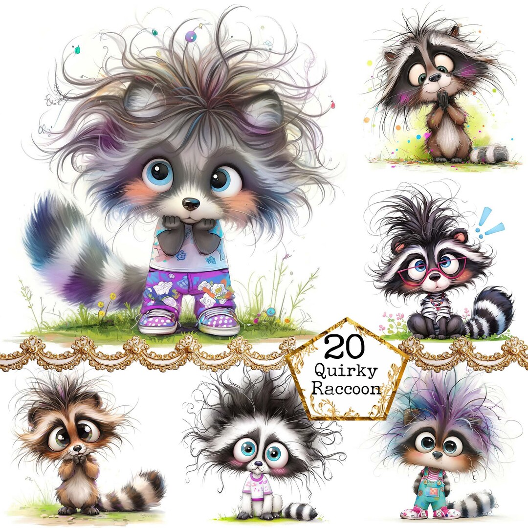 JPEG Whimsical Raccoon Clipart Bundle Cute Quirky Raccoon Woodland ...