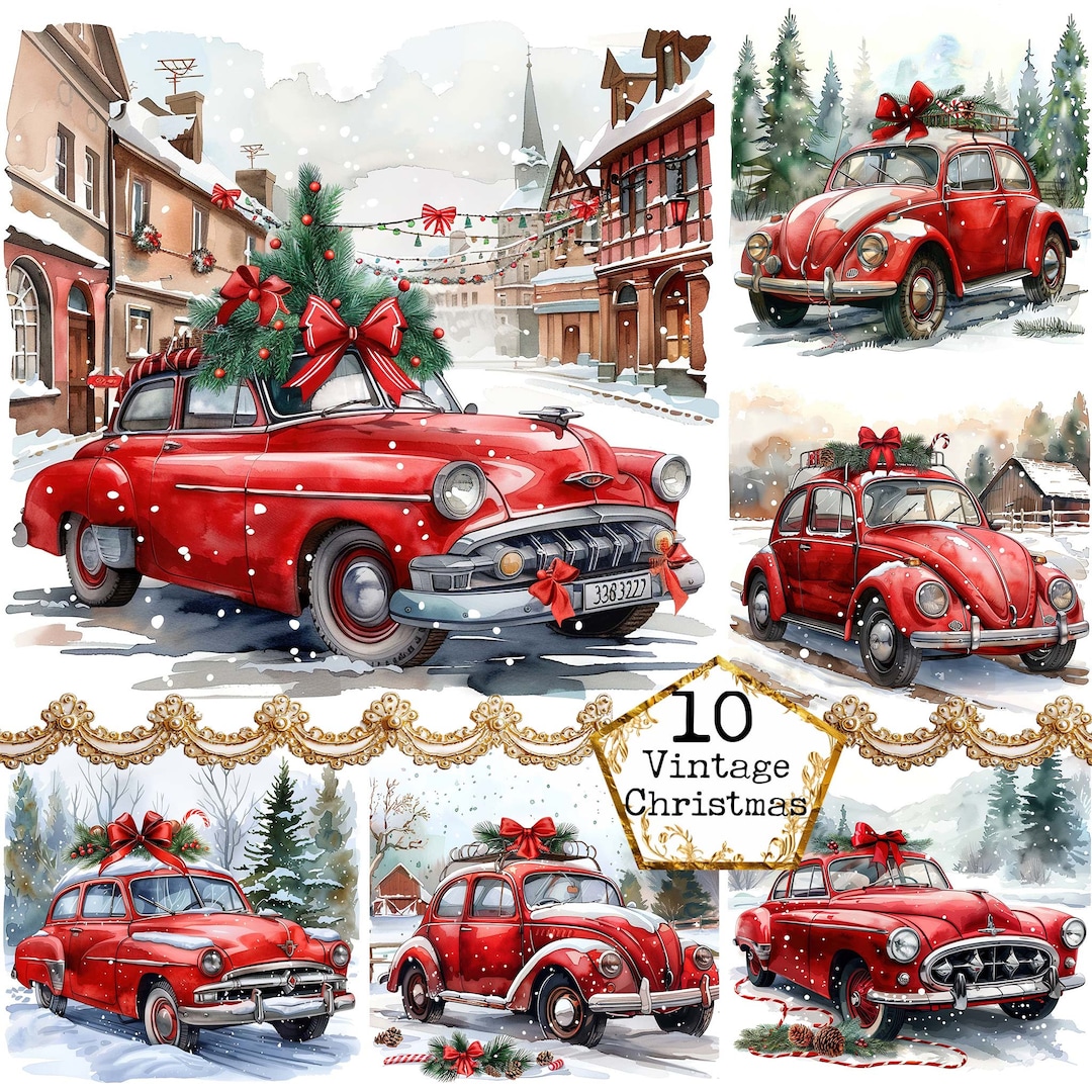 JPEG Watercolor Christmas Car Clipart Bundle Watercolor Cottage ...