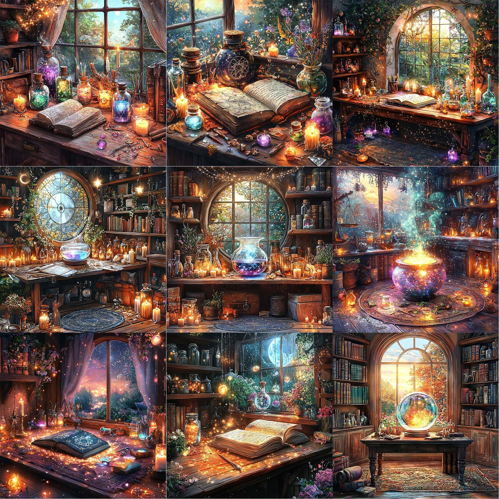 JPEG Whimsical Witch Corner Background Spell Book Potion Window Digital ...
