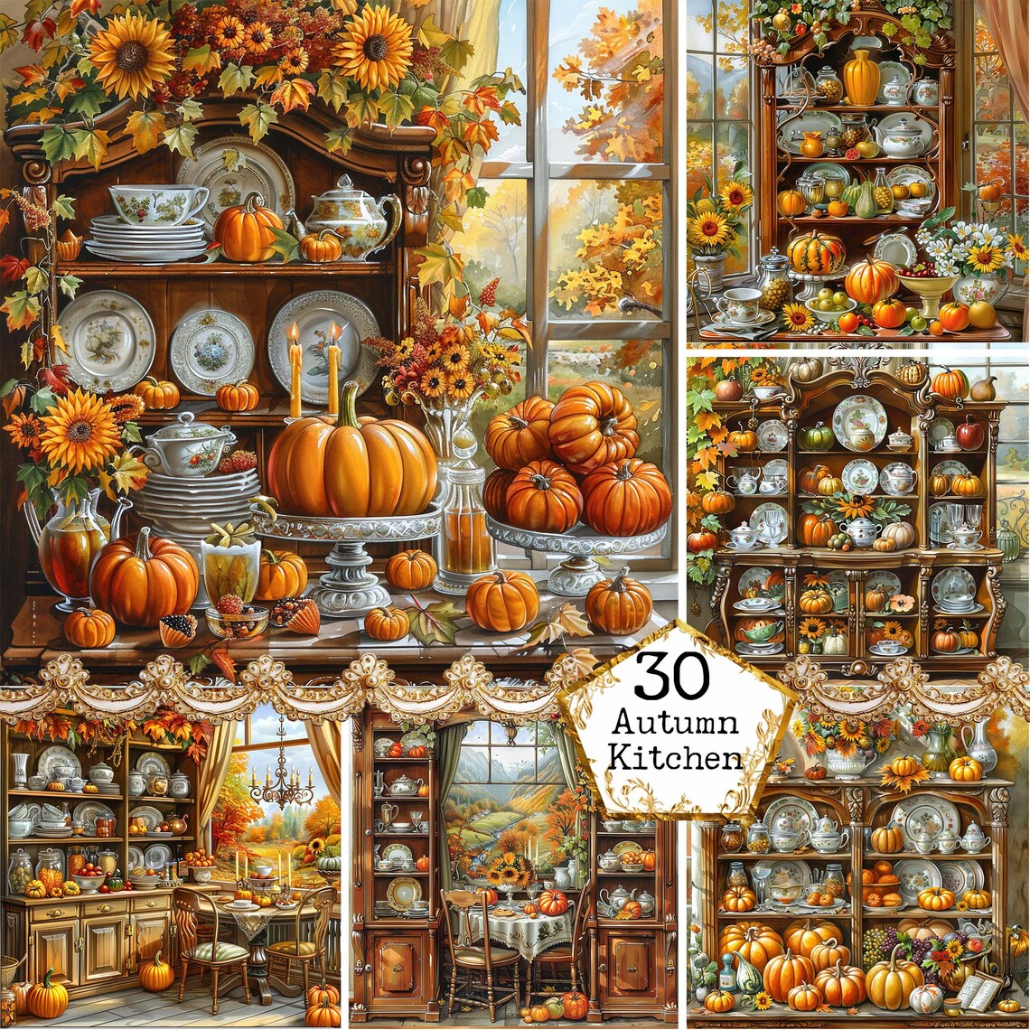 Shabby Chic Rustic Autumn Harvest Kitchen Shelves Clipart Bundle Jpgs ...