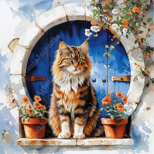 JPEG Watercolor Vintage Cottage Door and a Cat Illustration Cottagecore ...