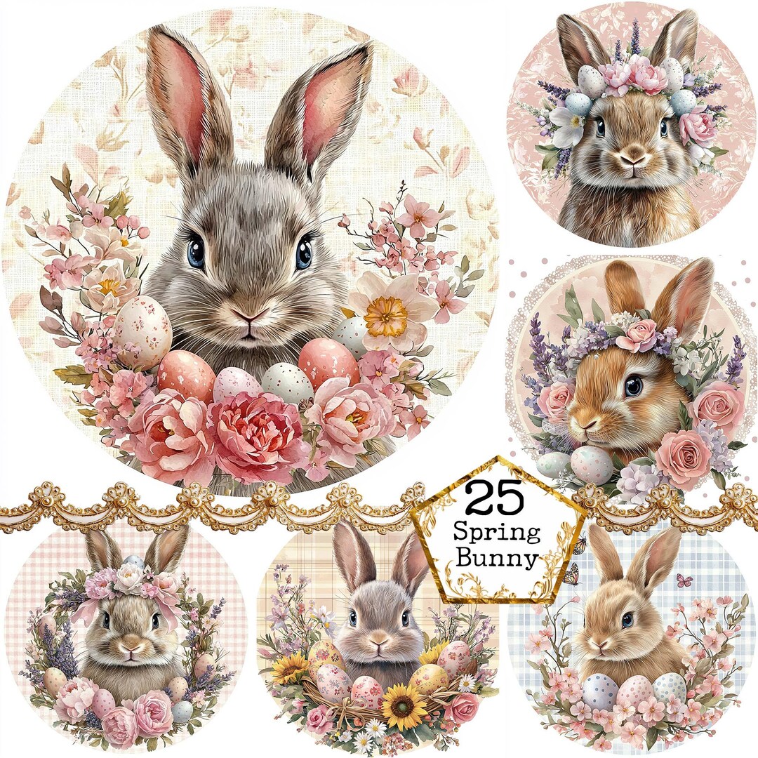 JPEG Watercolor Vintage Spring Rabbit Circles Clipart Bundle Cute Bunny ...