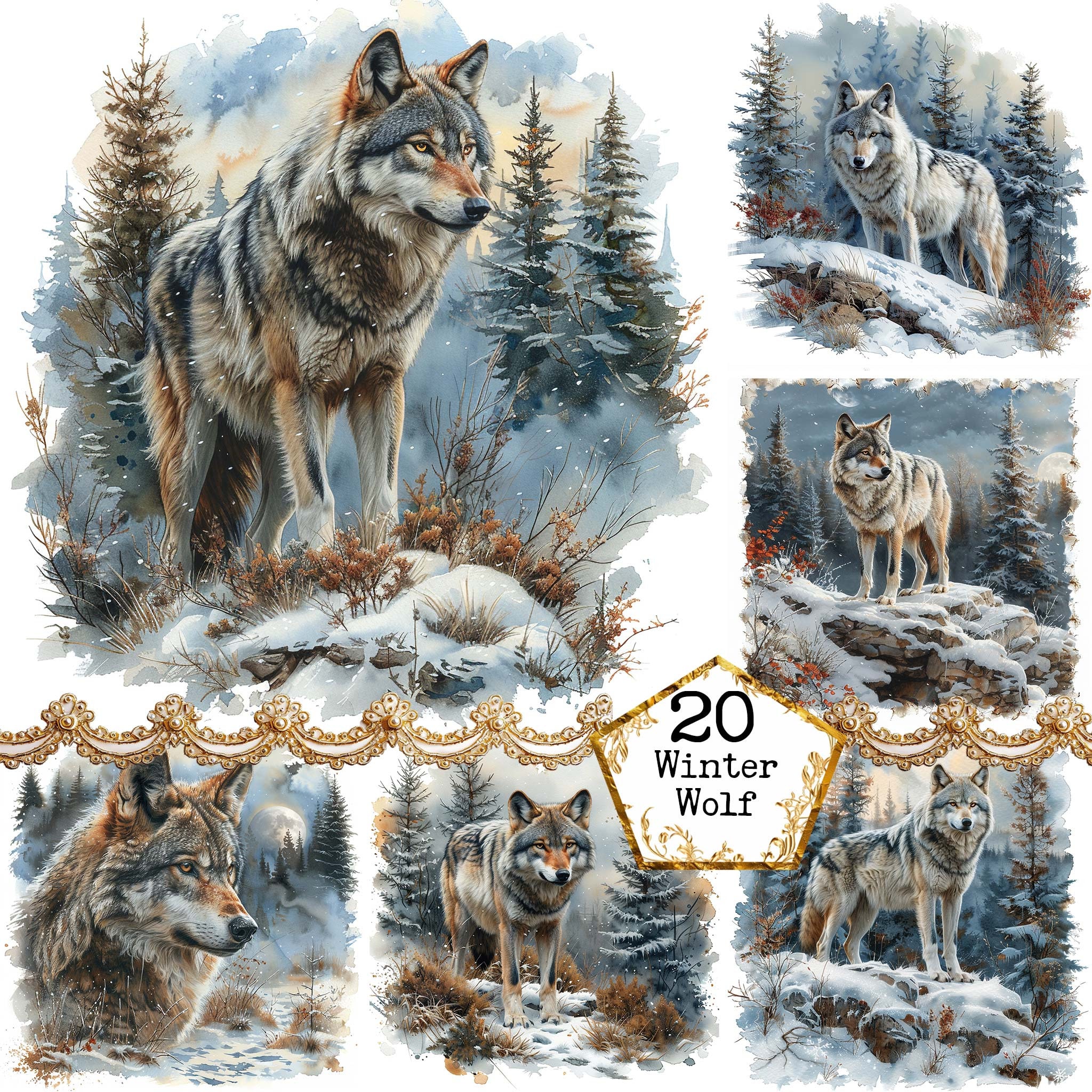 Watercolor Winter Wolf Forest Clipart Bundle JPEG Commercial Printable ...