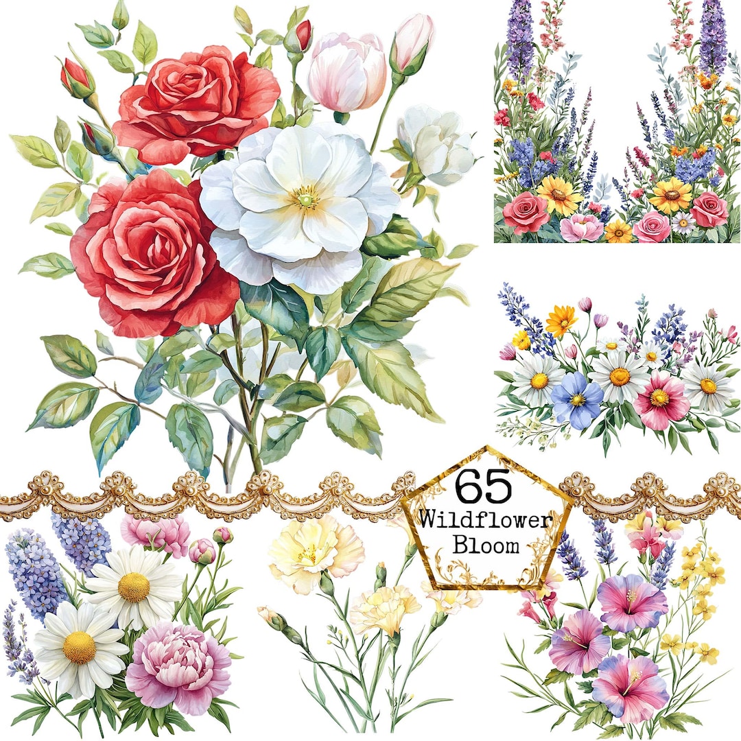 PNG + JPEG Watercolor Wild Flowers Clipart Bundle Flower Decoration ...