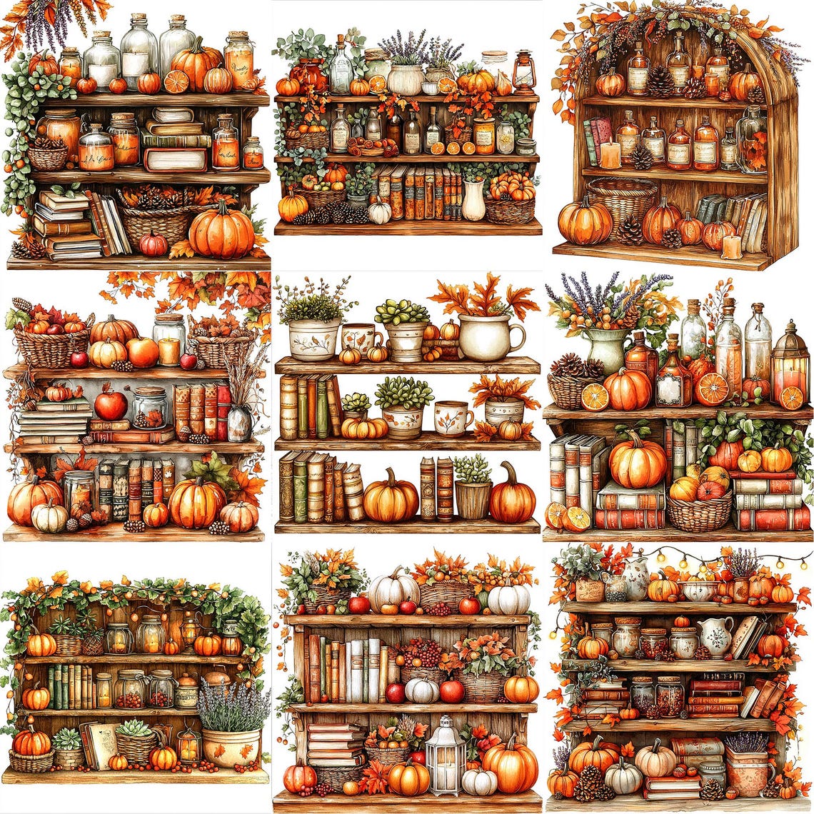 JPEG Autumn Shelf Clipart Bundle Bookshelves Pumpkin Spice Fall Clipart ...