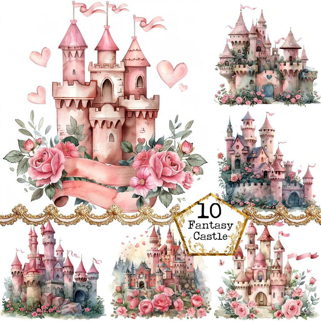 JPEG Watercolor Princess Castle Clipart Bundle Jpeg Labels Pink ...