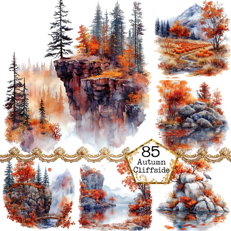 JPEG Lake Cliff Landscape Clipart, Autumn Cliff, Printable Watercolor ...