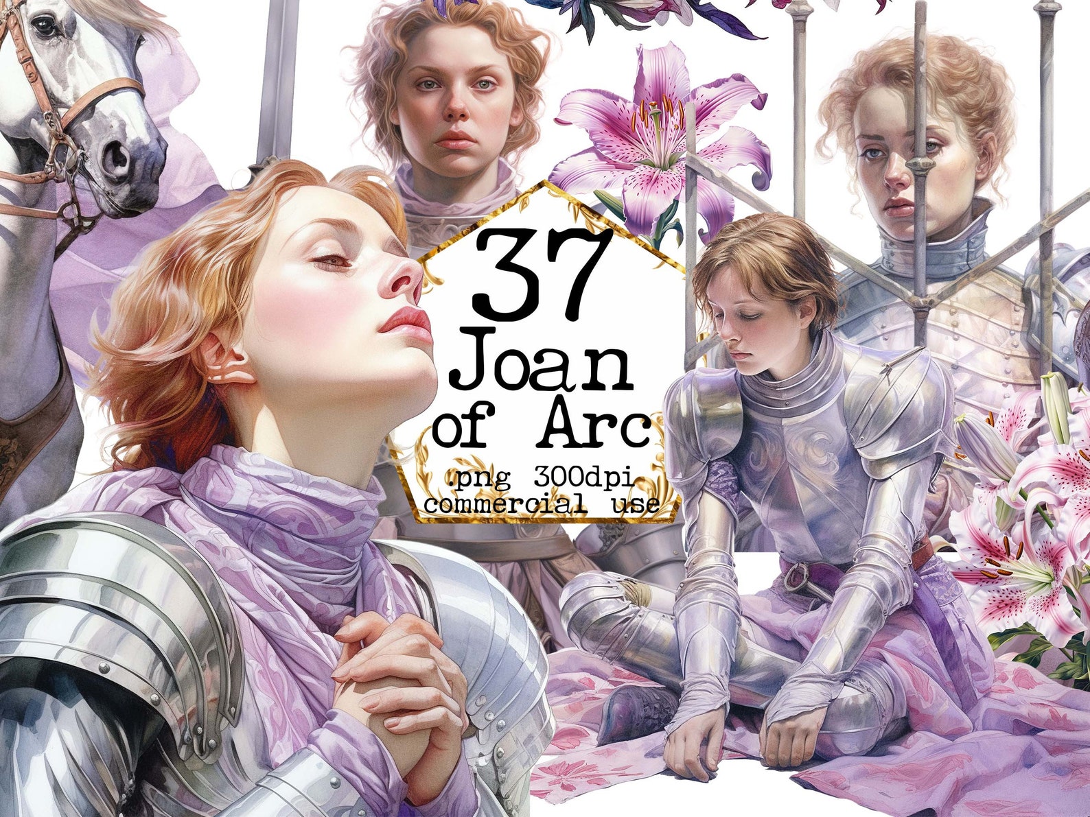 Joan of Arc PNG Clipart Watercolor Romantic Bundle Horses - Etsy