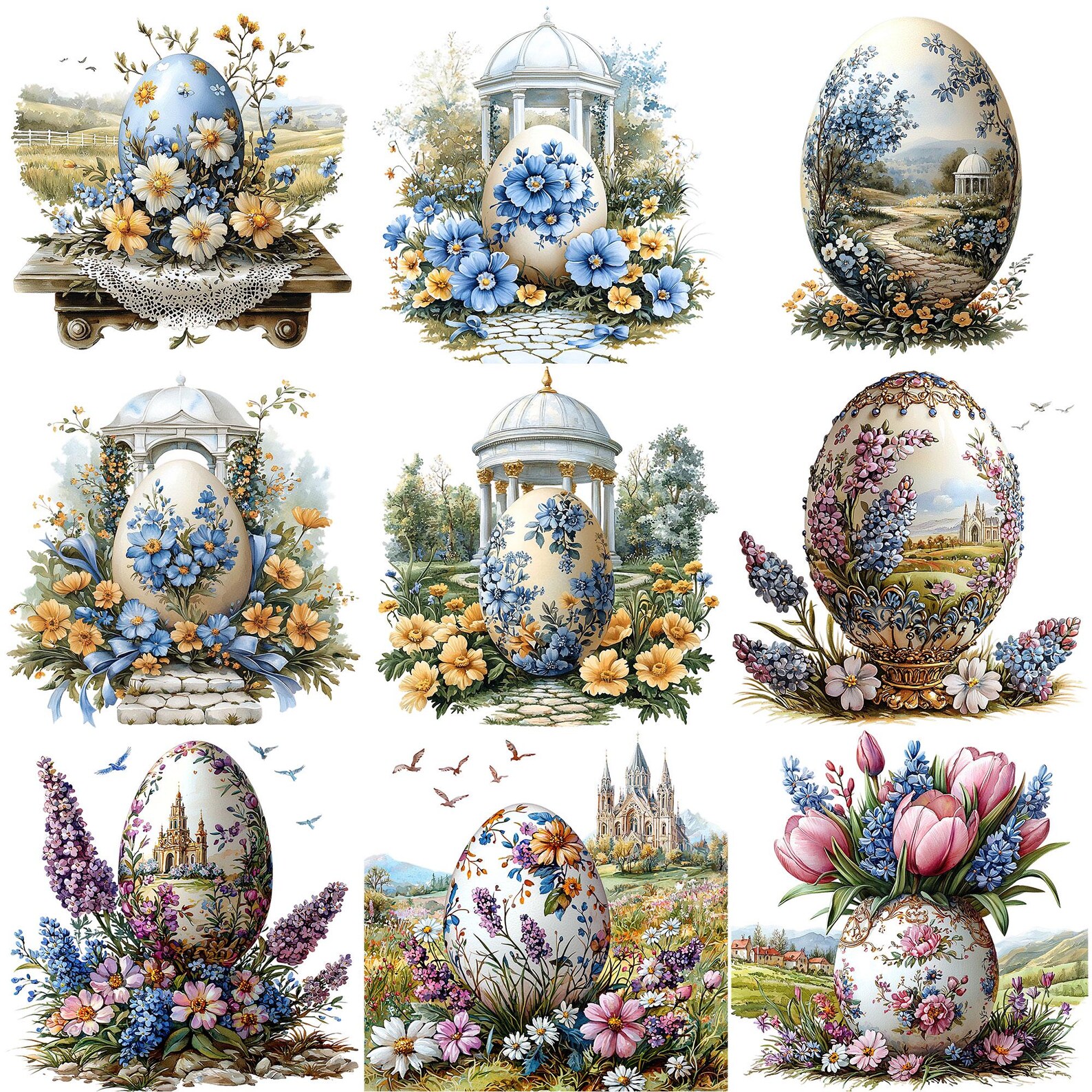 PNG + JPEG Watercolor Antique Easter Egg Clipart Bundle Easter Scenery ...
