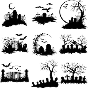 70 Graveyard Svg, Dxf, Eps, Ai, Pdf, Jpg, Png Spooky Graveyard Cemetery ...