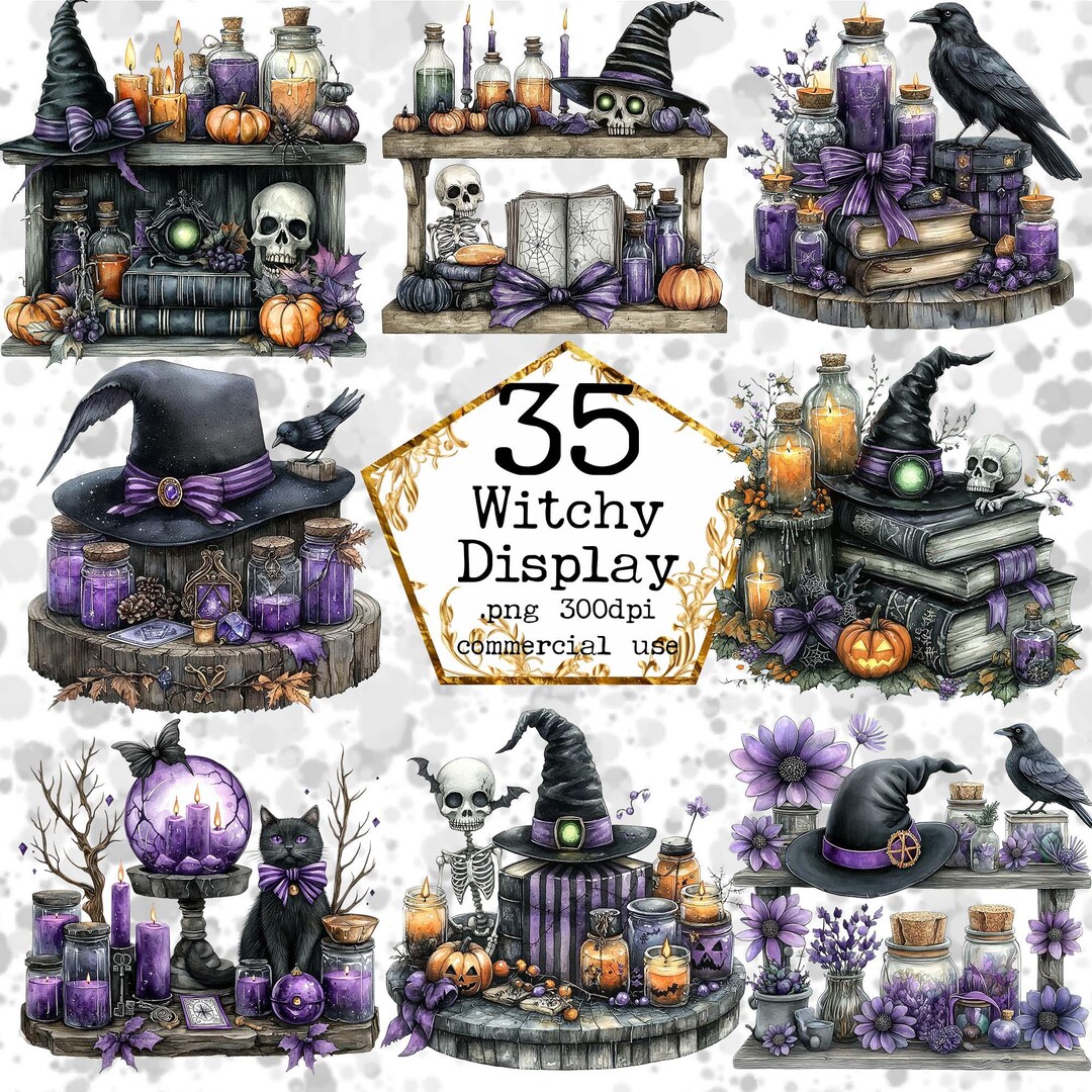 PNG Witch Display Clipart Bundle Witches Corner Raven Witch Hat Black Cat Spell Book Instant ...