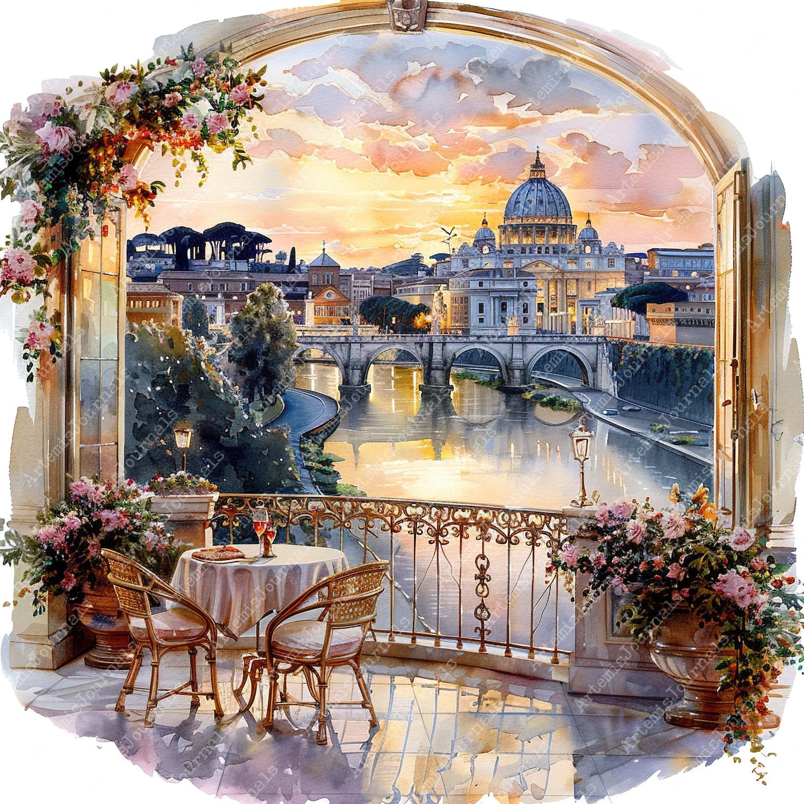 JPEG Rome Pink Floral View From Balcony Clipart Bundle Commercial Use ...