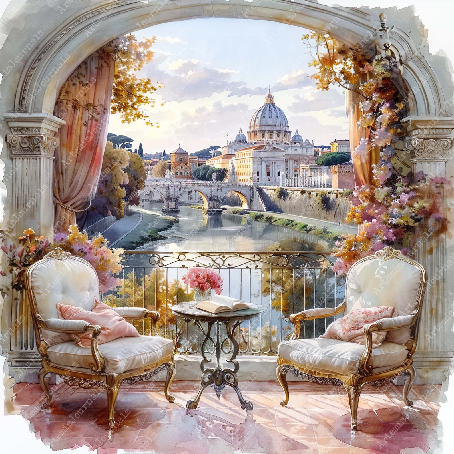 JPEG Rome Pink Floral View From Balcony Clipart Bundle Commercial Use ...