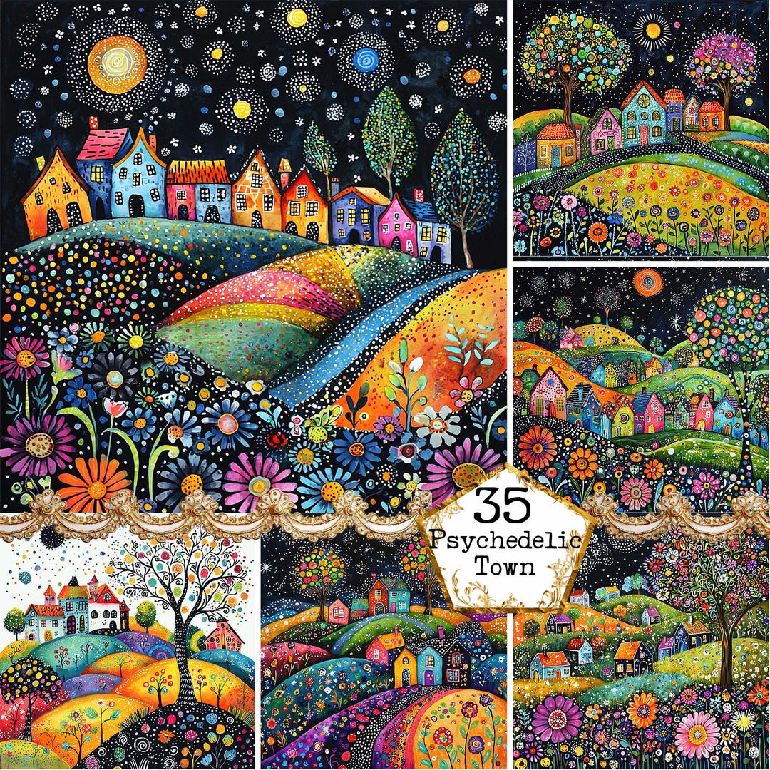 JPEG Whimsical Spring Village at Night Graphics Psychedelic Graphics ...