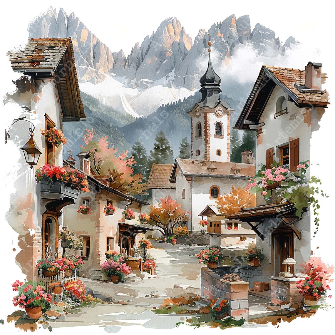 Old German Alpine Village Overgrown With Flowers Clipart Bundle JPEG ...