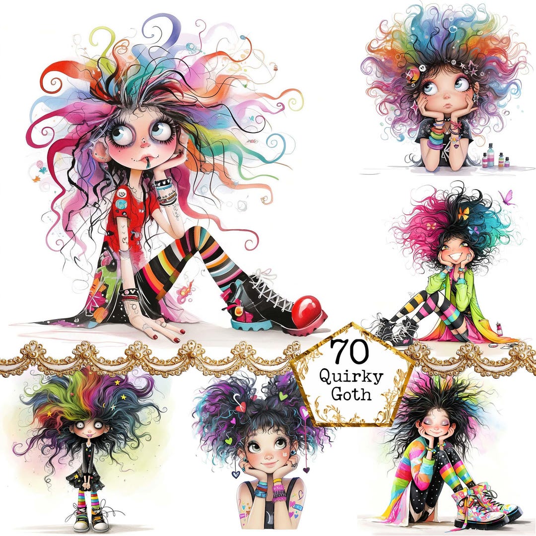 JPG Watercolor Quirky Goth Girl Clipart Bundle Whimsical Gothic Girl ...