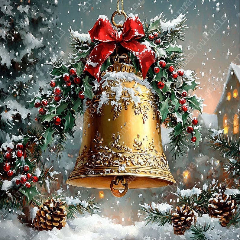 JPEG Watercolor Little Winter Village Bells JPEG Instant Winter Clipart ...