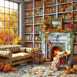 Watercolor Autumn Cozy Library JPEG Halloween Autumn Pumpkin Harvest ...