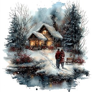 JPEG Watercolor Winter Cabin in the Woods Clipart Bundle Commercial Use ...