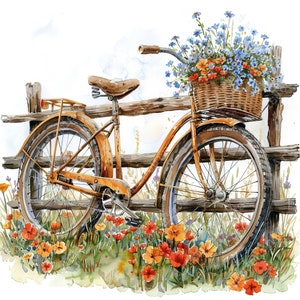 JPEG Watercolor Spring Bicycle Clipart Bundle JPEG Floral Bike ...