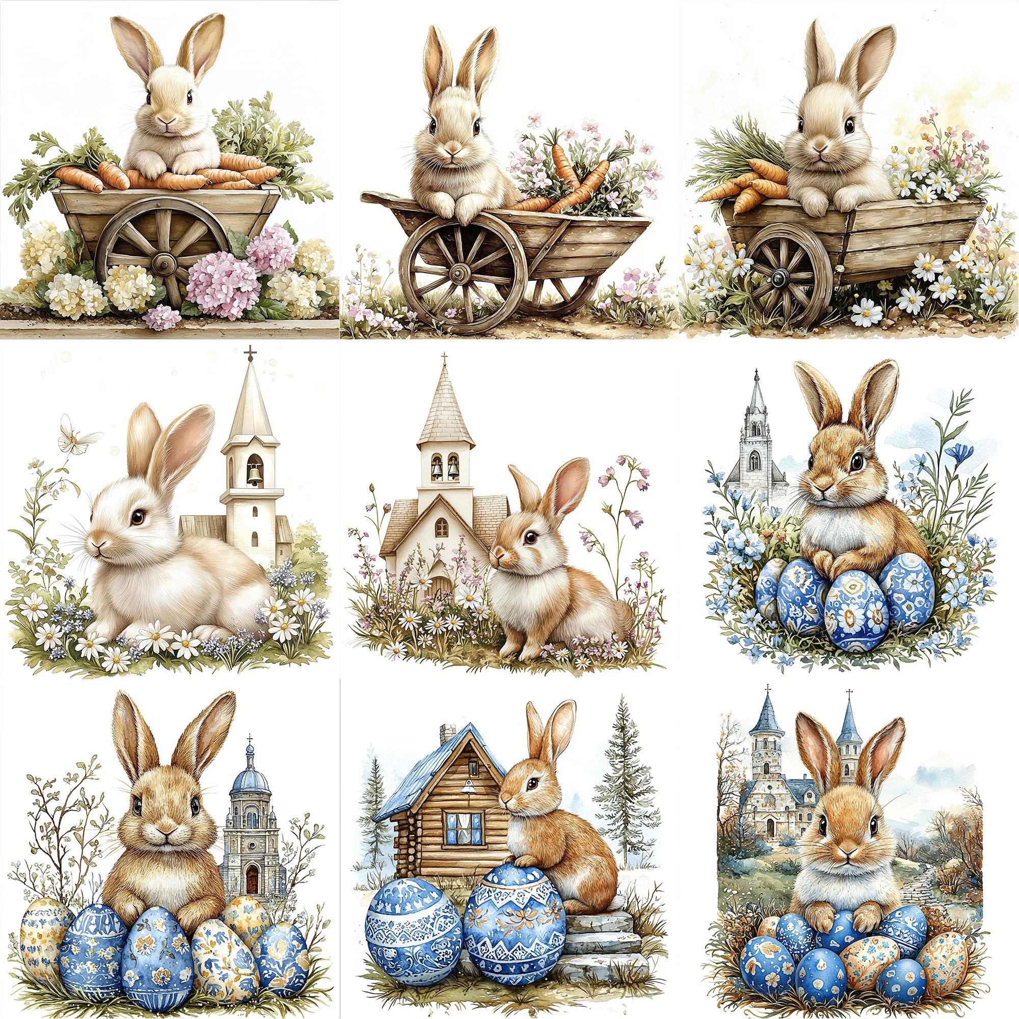 JPEG Watercolor Easter Bunny Scenes Clipart Bundle Big Collection ...