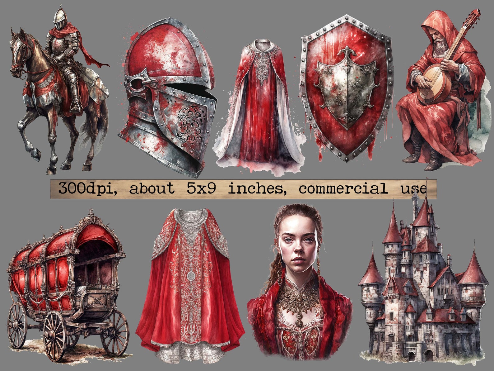 60 Medieval Watercolor Bundle, Knights, Ladies, Castles, Dresses ...