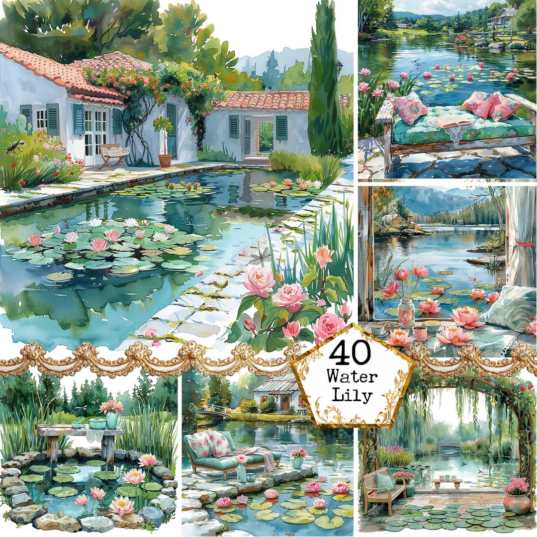 JPEG Watercolor Lily Pond Clipart JPEG Landscape Clipart Lake Clipart ...