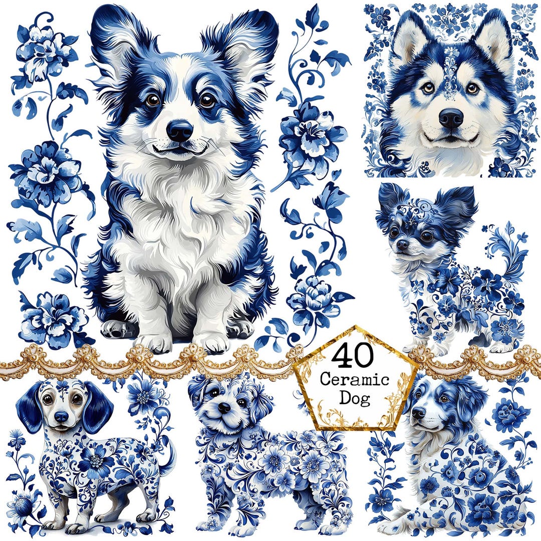PNG + JPEG Ceramic Tiles Dogs Clipart Bundle Vintage Mediterranean ...