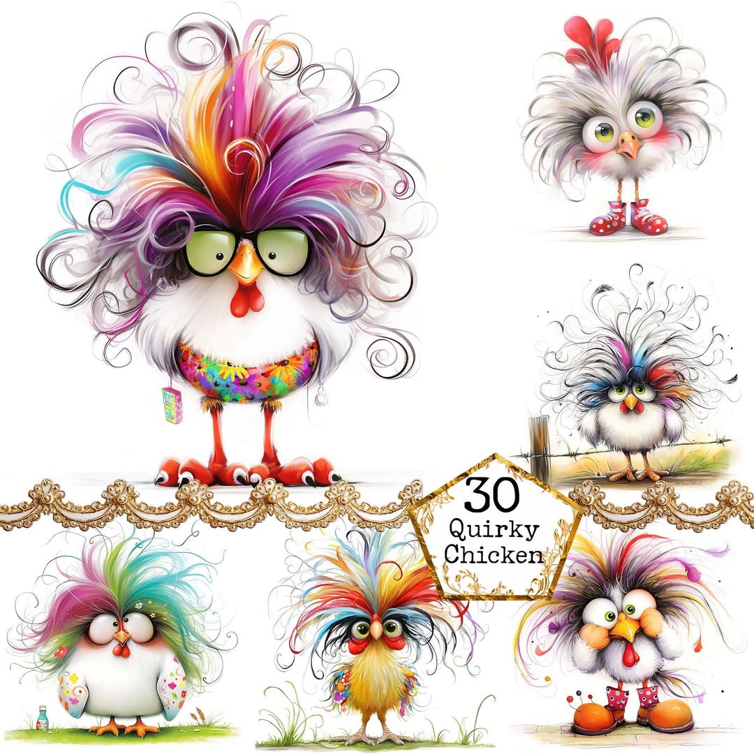 JPEG Watercolor Whimsical Chicken Clipart Bundle Quirky Chicken Quirky ...