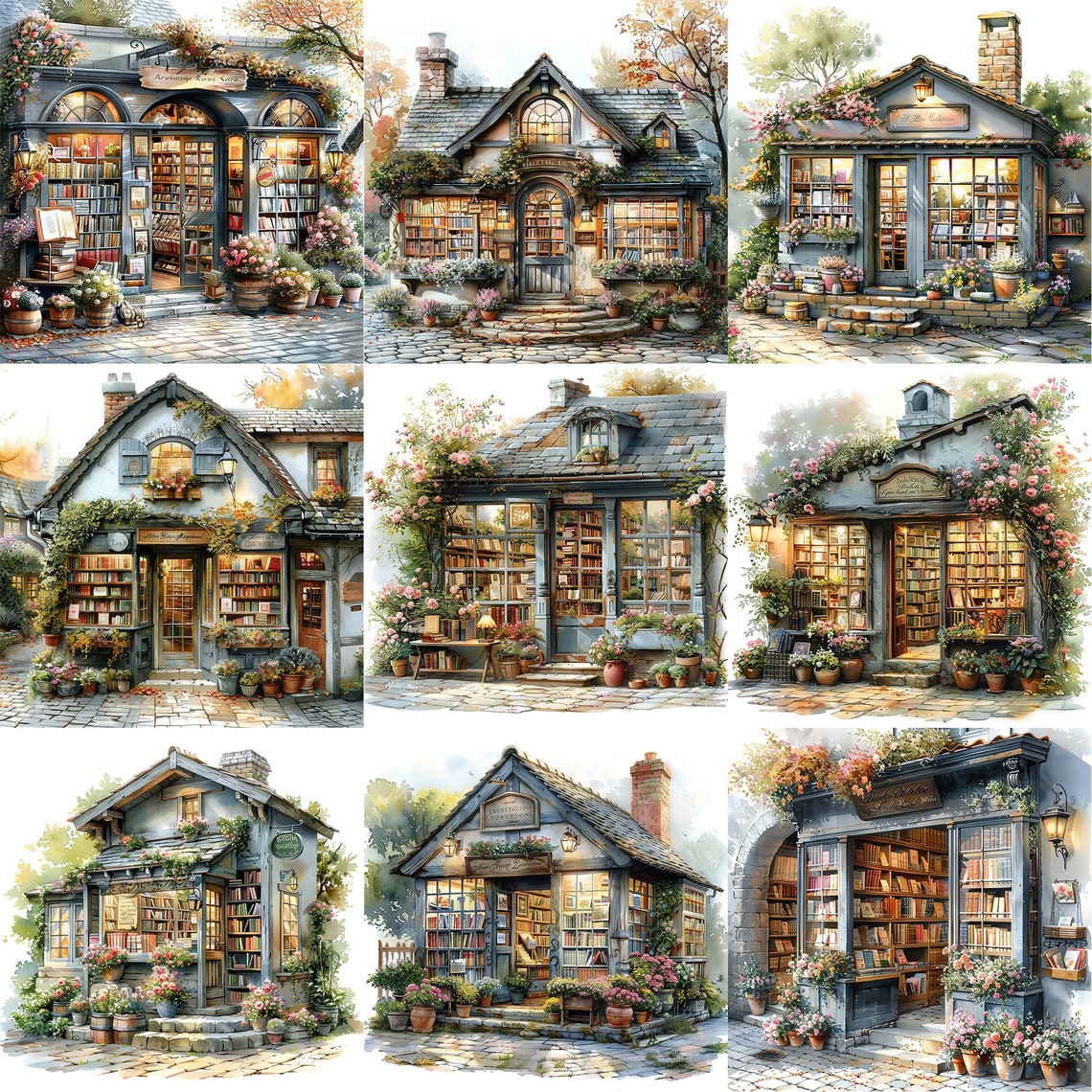 Watercolor Vintage Bookstore Fronts JPEG Instant Download Vintage Shop ...