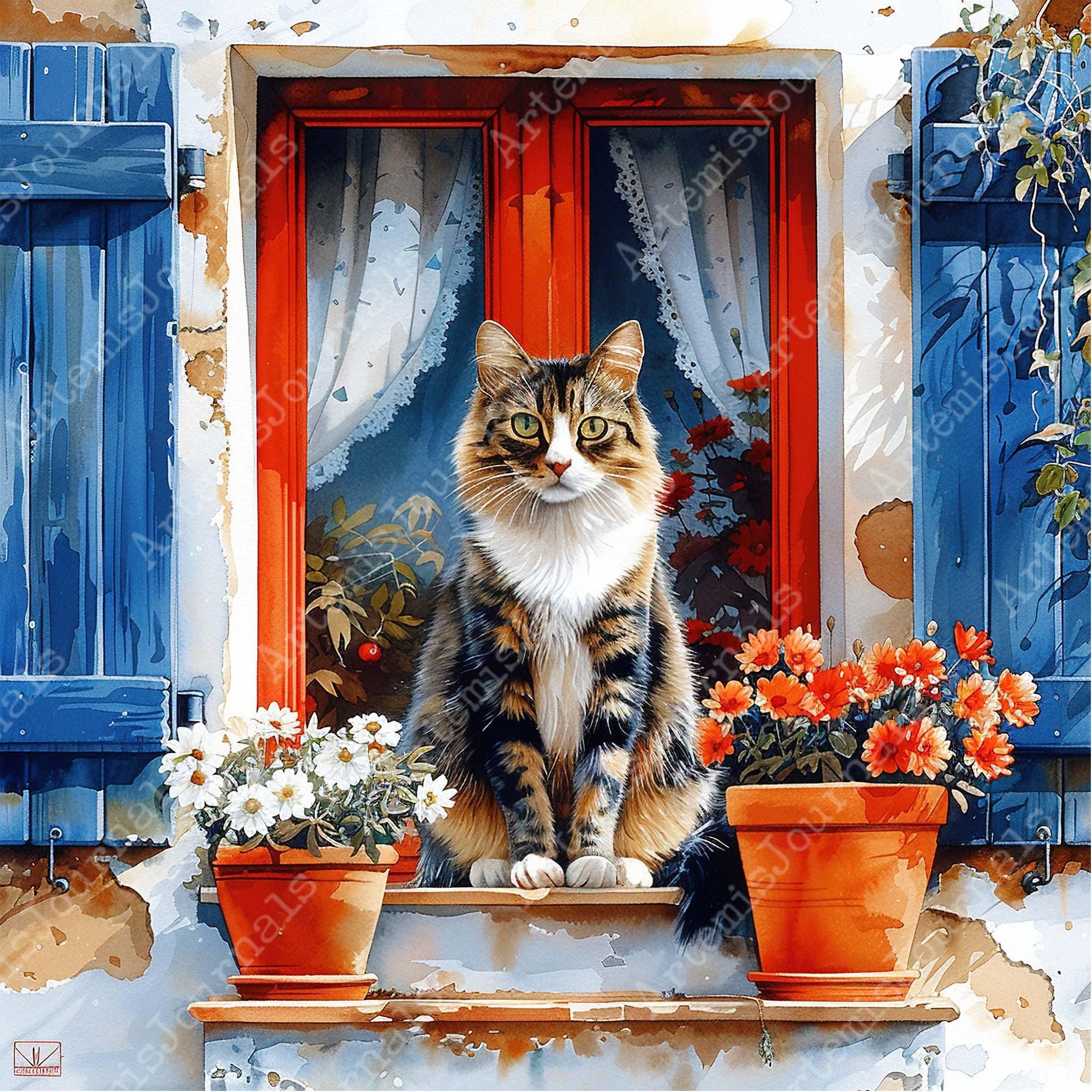 JPEG Watercolor Vintage Cottage Door and a Cat Illustration Cottagecore ...