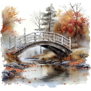Watercolor Autumn Bridge Clipart Bundle JPEG Landscape Scenery Autumn ...