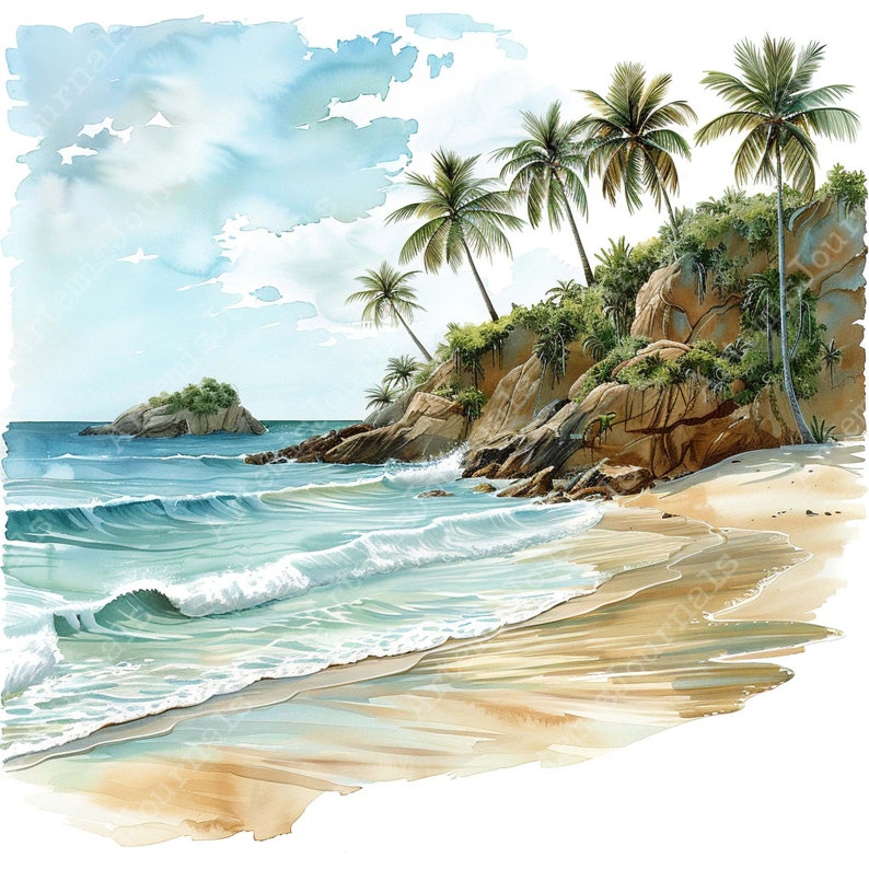JPEG Watercolor Tropical Beach Clipart Bundle JPEG Sunny Day Clipart ...