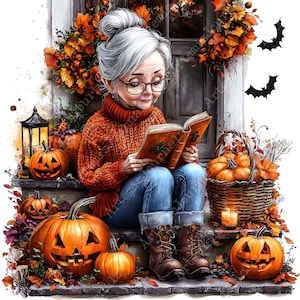 JPEG Cute Grandma Autumn Porch Clipart Bundle Grandma and Coffee ...