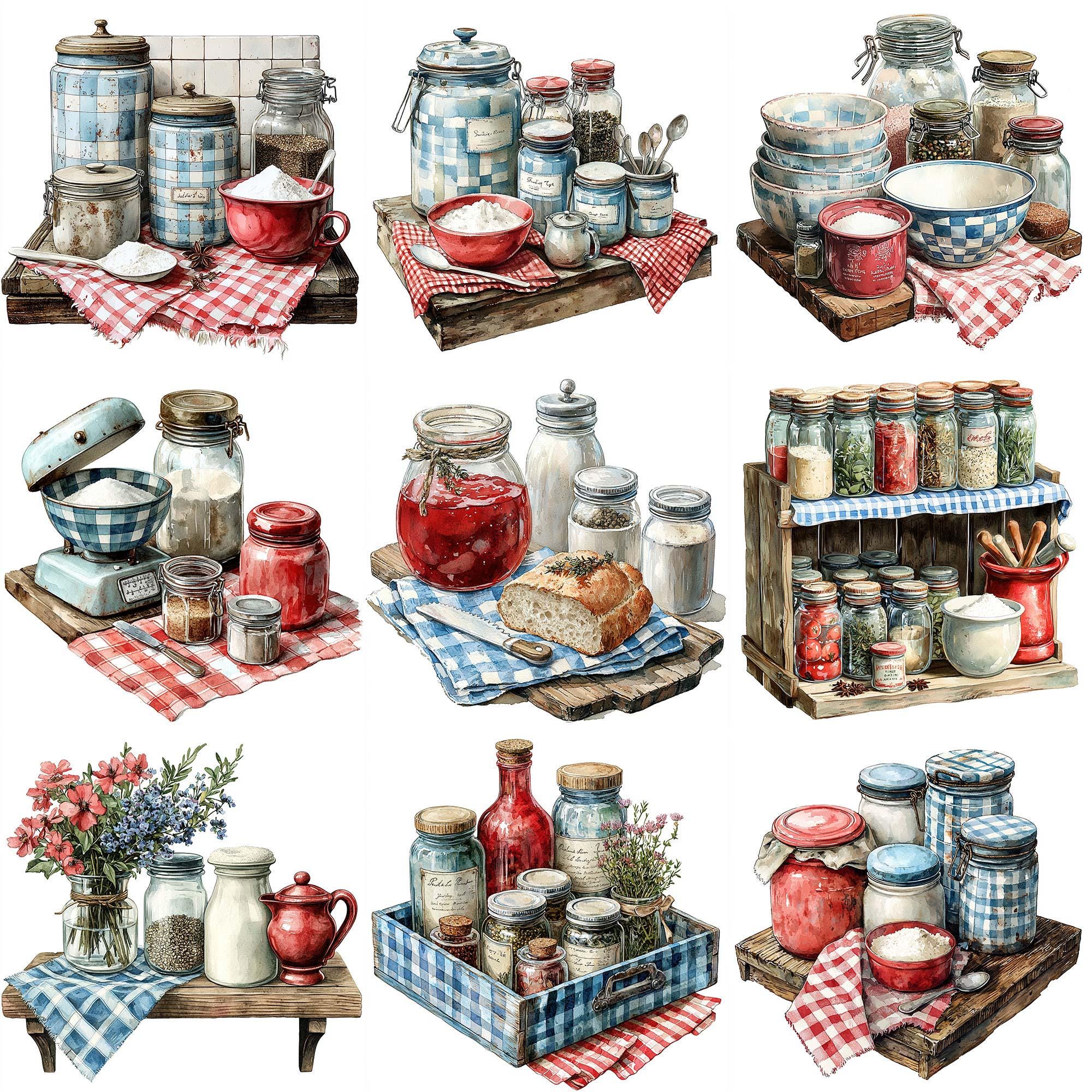JPEG Vintage Pantry Granma's Rustic Checkered Jars and Tins Clipart ...