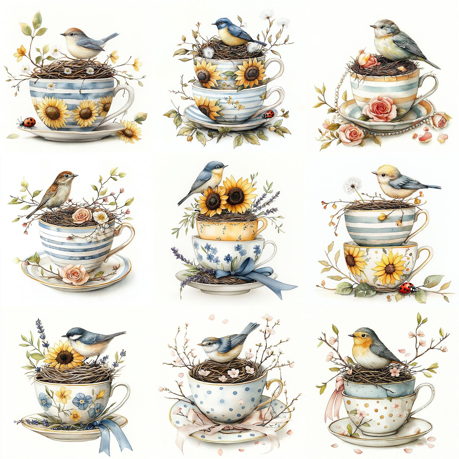 JPEG Watercolor Spring Teacup With Bird Nests Clipart Bundle Spring ...