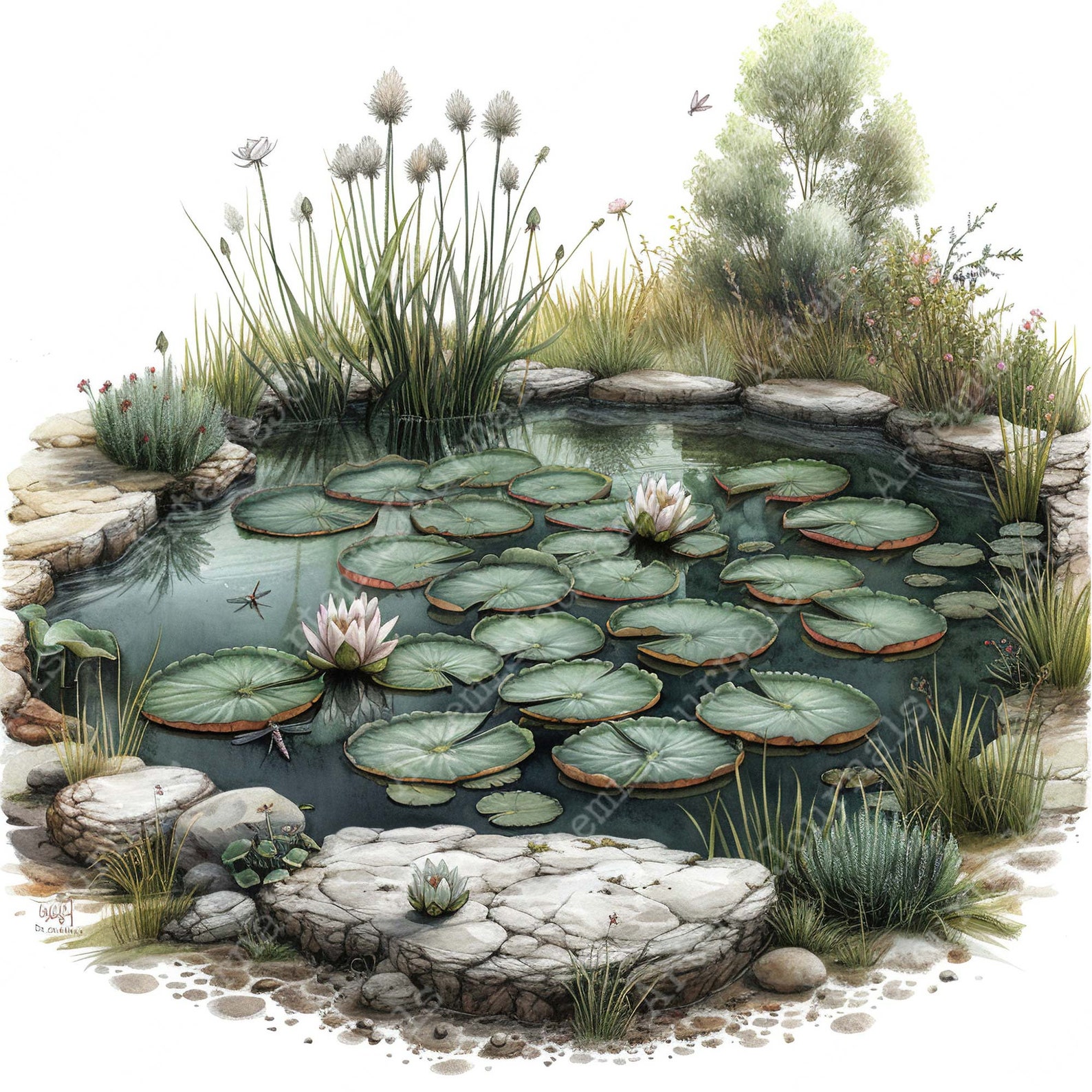 JPEG Watercolor Frog Pond Clipart JPEG Landscape Clipart Lake Clipart ...