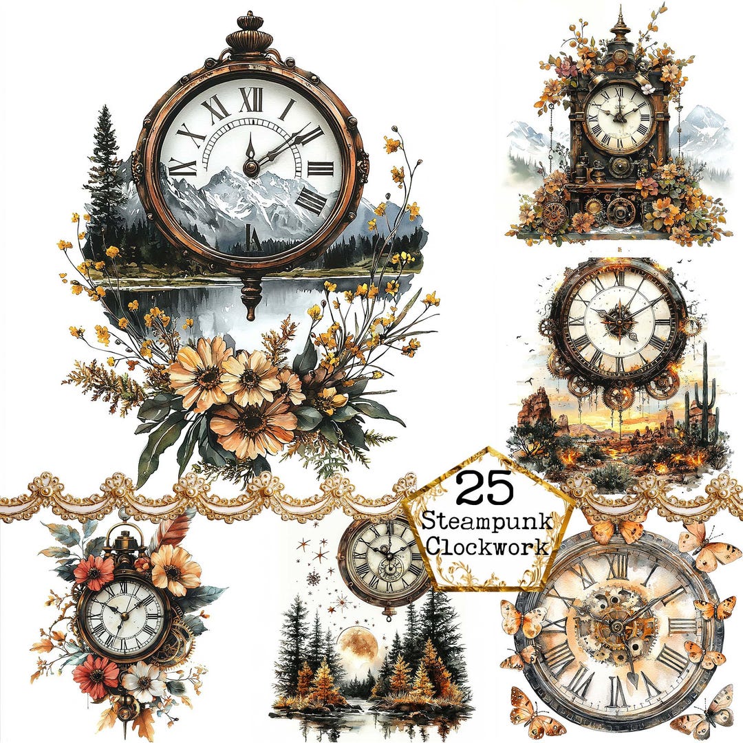 JPEG Watercolor Steampunk Clocks Clipart Bundle Watercolor Nature ...