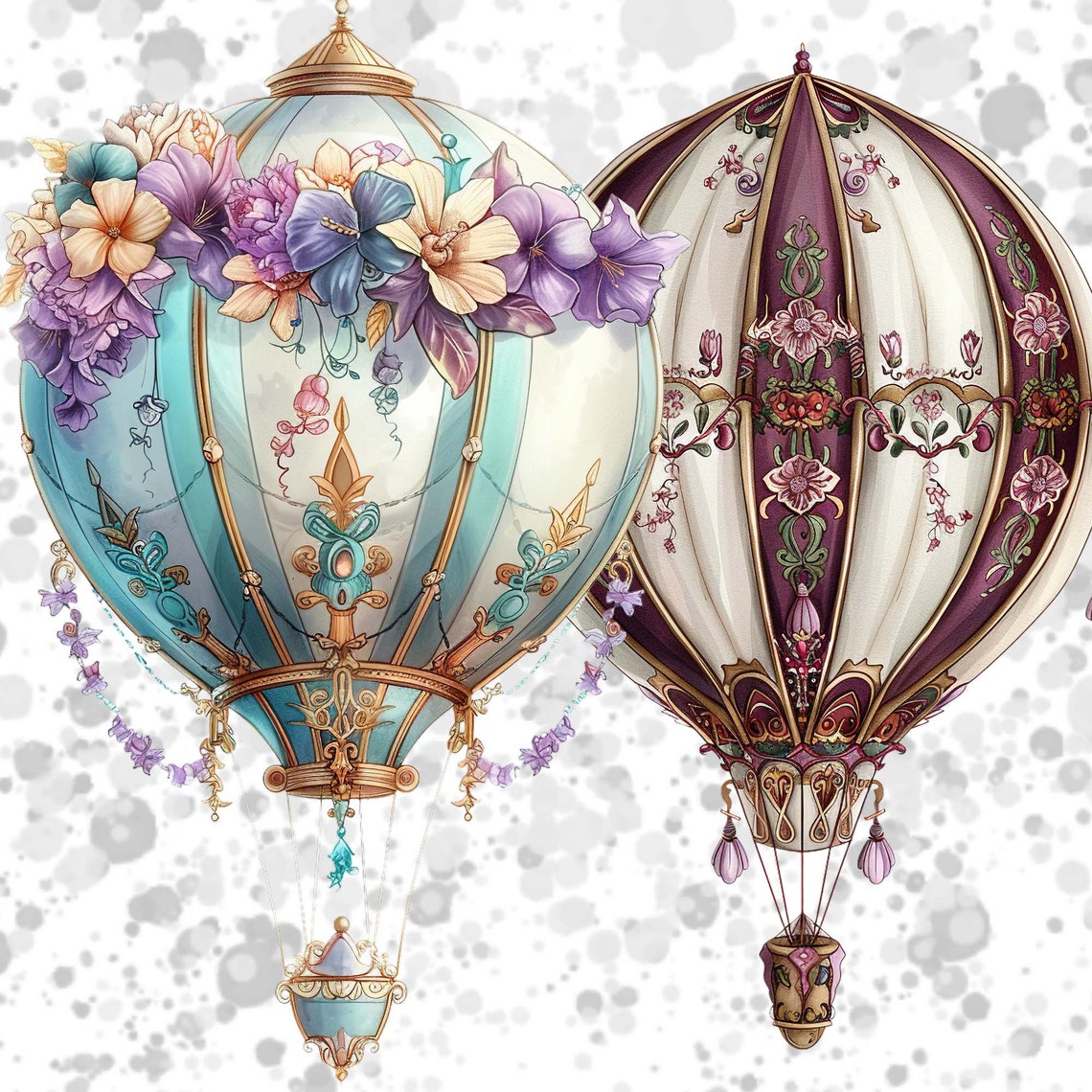 PNG Watercolor Floral Hot Air Balloons Vintage Clipart Watercolor ...