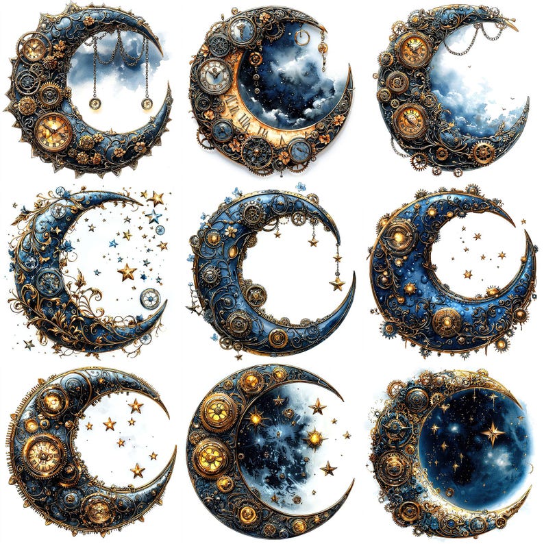 JPEG Watercolor Steampunk Moons Clipart Bundle Steampunk Graphics ...