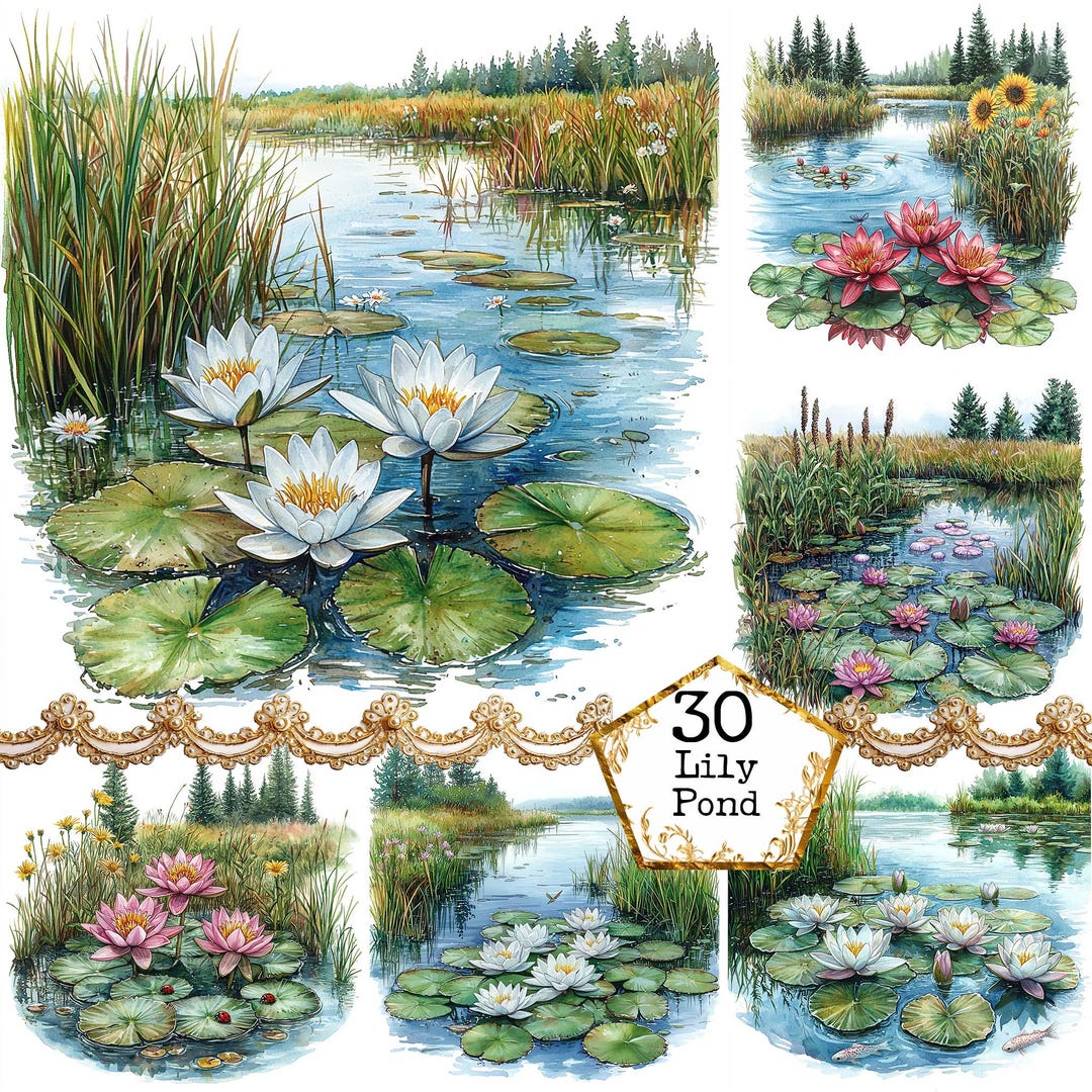 JPEG Watercolor Lily Pond Clipart Bundle Floral Pond Nature Scenery ...