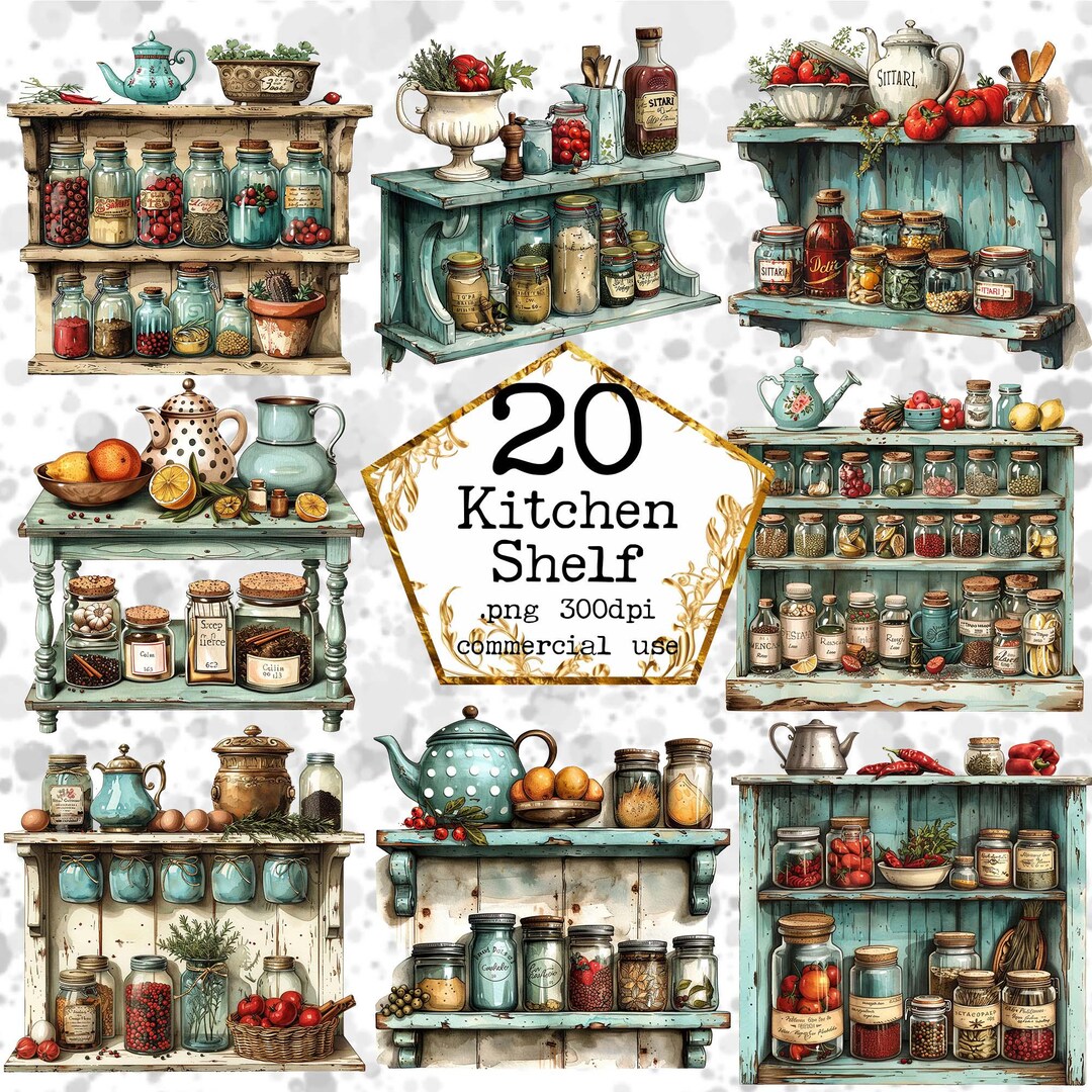 PNG Kitchen Shelf Clipart Bundle PNG Watercolor Cooking PNG Commercial ...